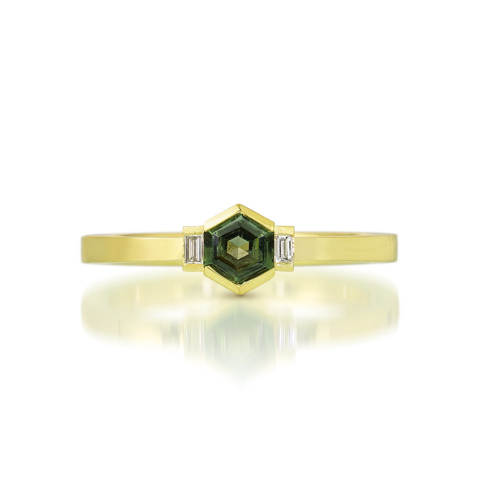 Hexagon Green Sapphire 3 Stone Ring – Marilyn Brogan Jewelry